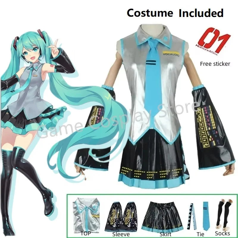 Miku Cosplay Full Set Silver Leather Fabric Suit Miku Cosplay Headwear ...